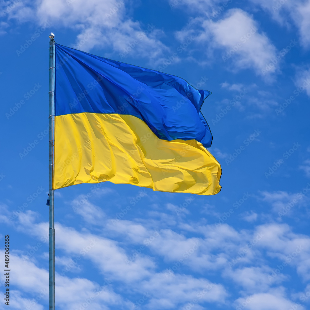 Ukraine flag isolated on the blue sky. Close up waving flag of Ukraine ...