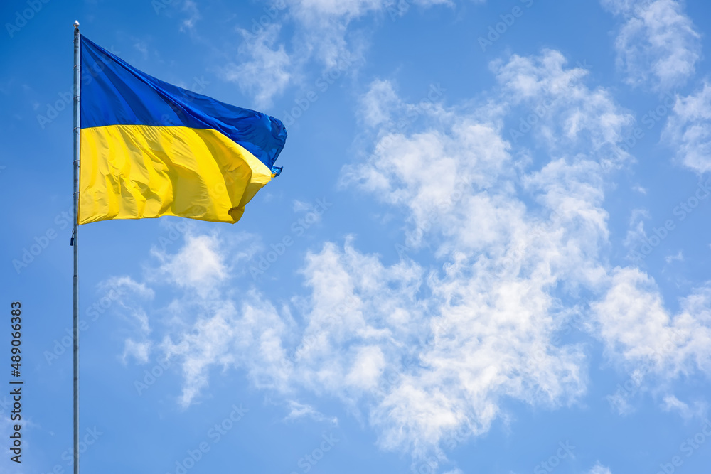Ukraine flag isolated on the blue sky. Close up waving flag of Ukraine ...