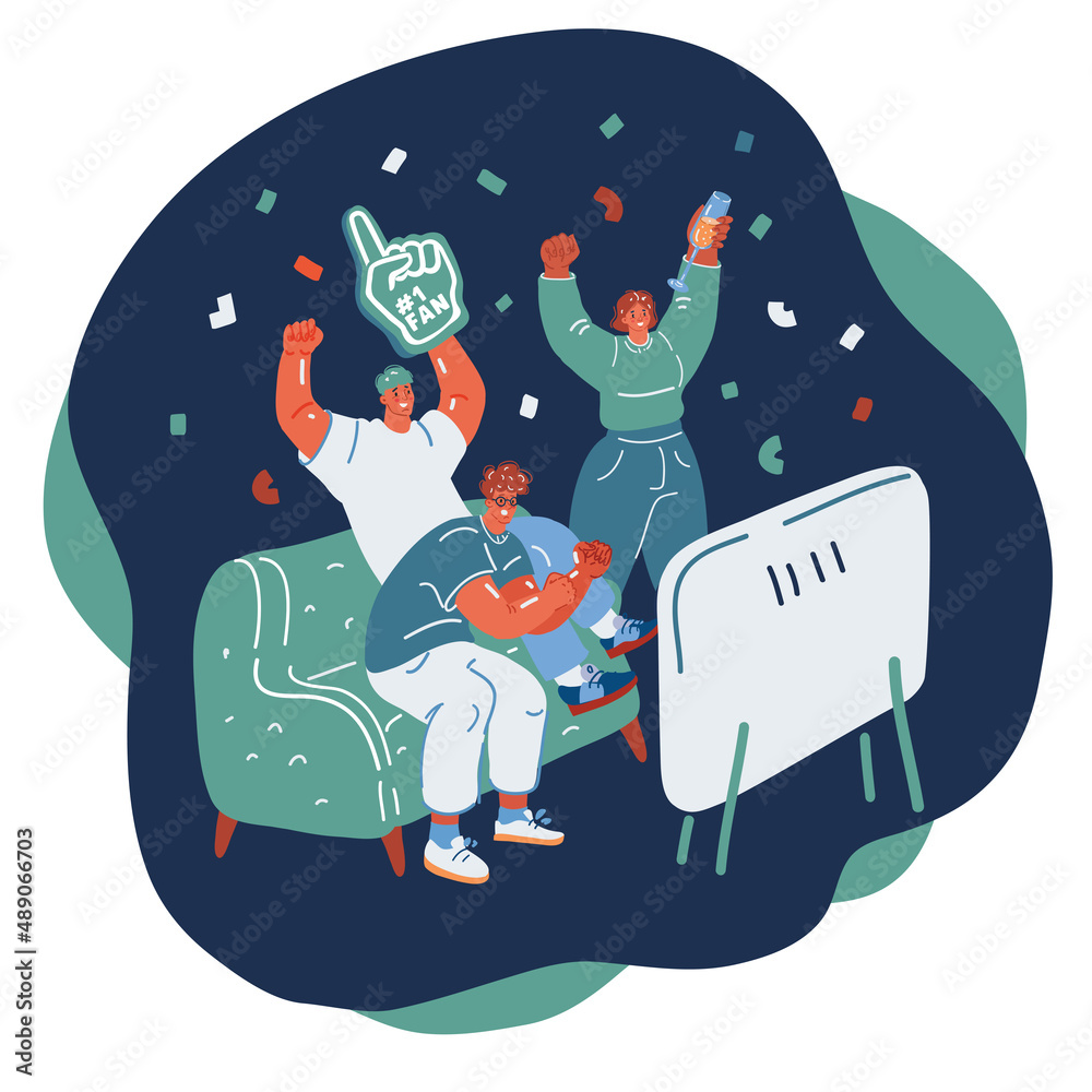Cartoon vector illustration of Friends watching game on TV. Sport fans ...