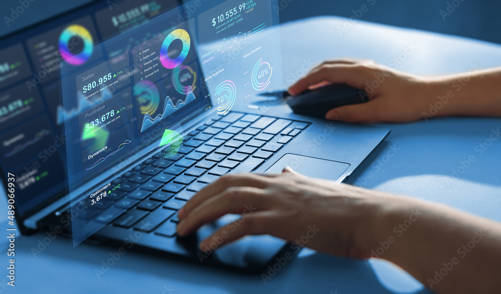 Businessman analyzing Dashboard performance indicators Infographics on ...