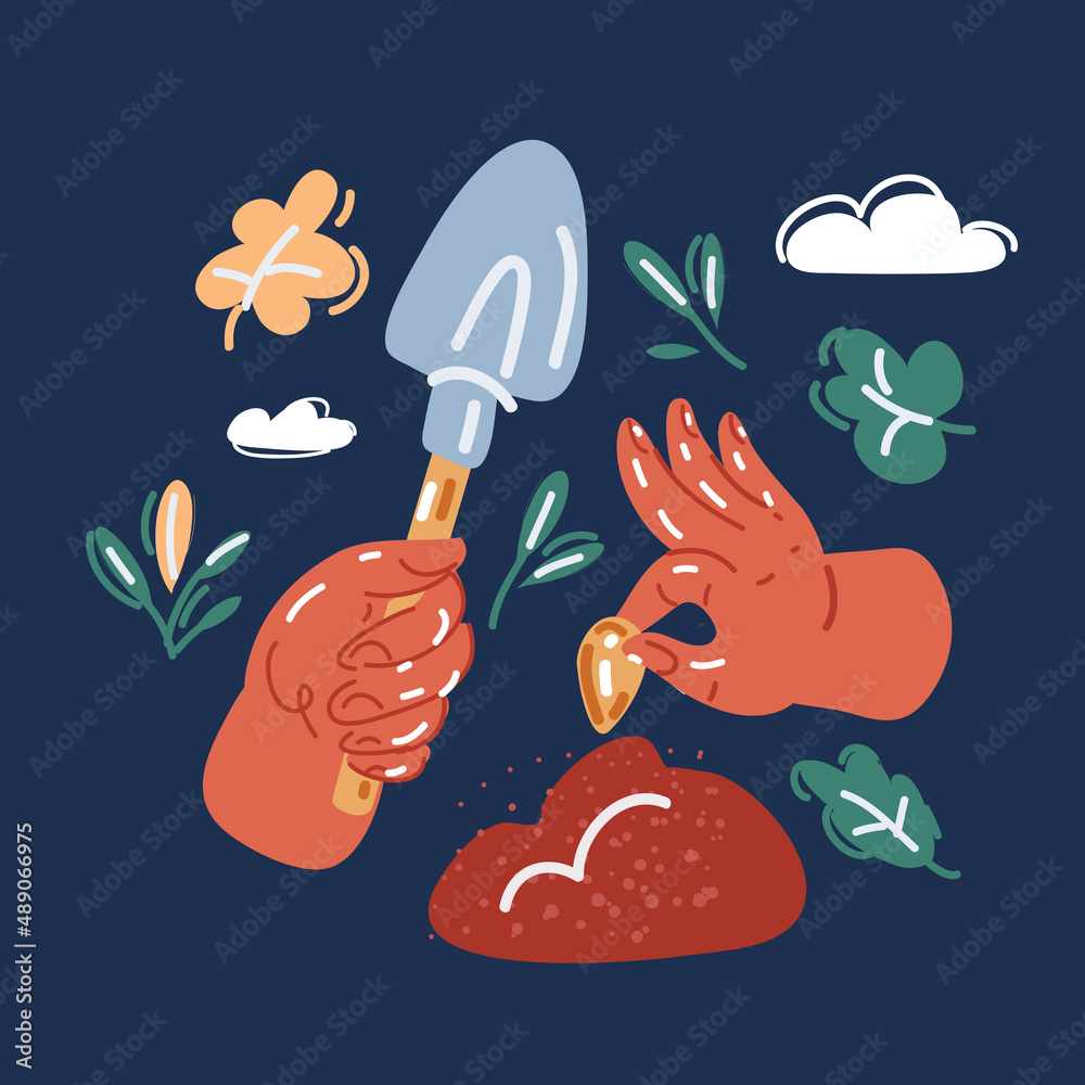 Cartoon vector illustration of Human hand puting seed into soil. Pile ...