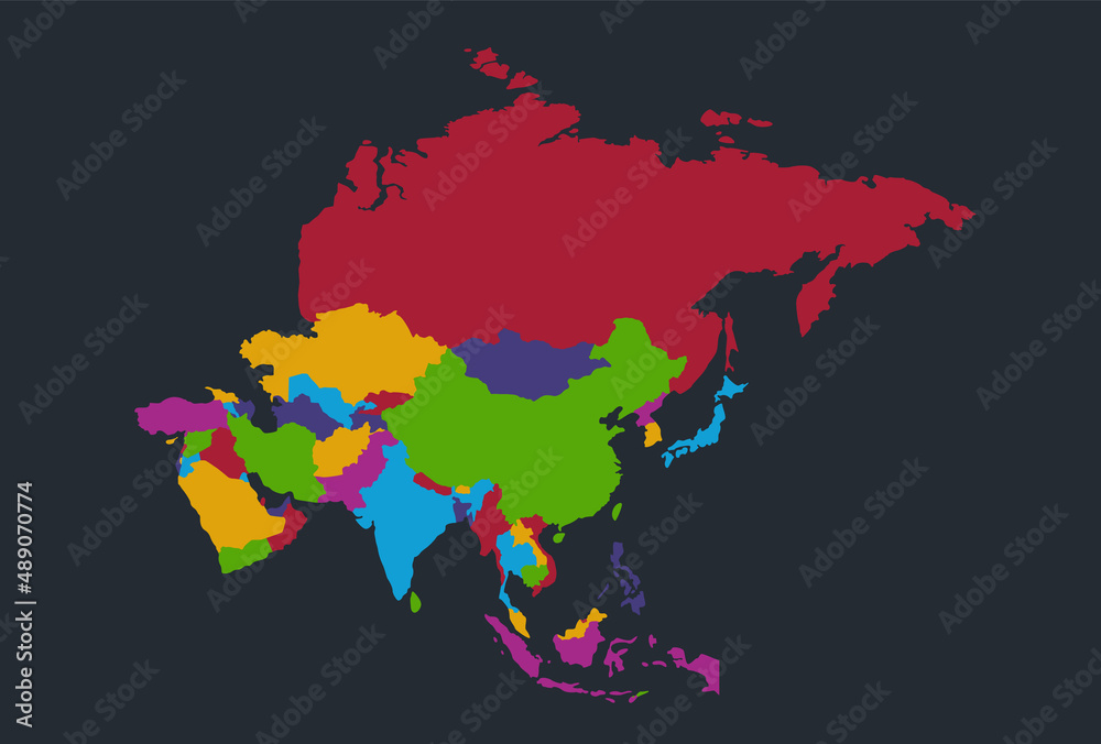 Infographics Asia map, flat design colors, individual states, blue ...