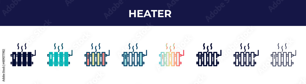 heater icon in 8 styles. line, filled, glyph, thin outline, colorful ...