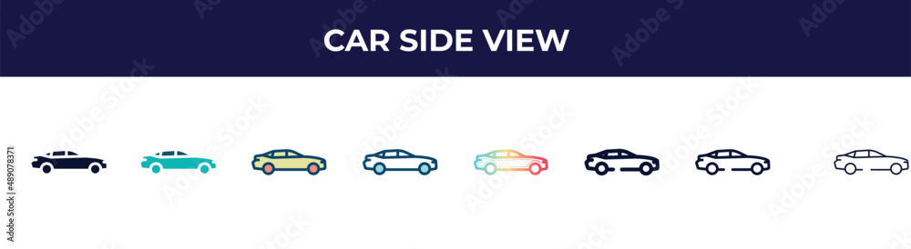 car side view icon in 8 styles. line, filled, glyph, thin outline ...