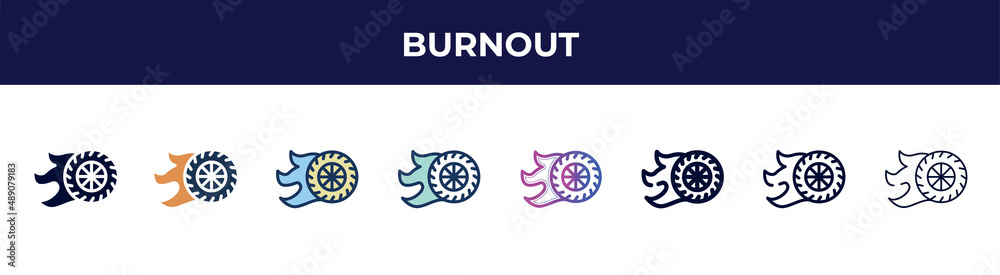 burnout icon in 8 styles. line, filled, glyph, thin outline, colorful ...