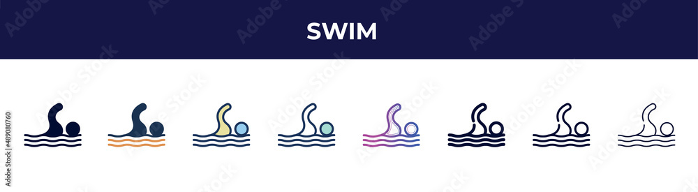 swim icon in 8 styles. line, filled, glyph, thin outline, colorful ...
