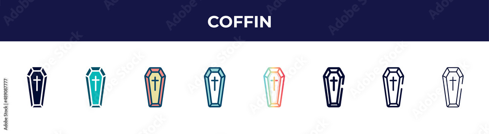 coffin icon in 8 styles. line, filled, glyph, thin outline, colorful ...