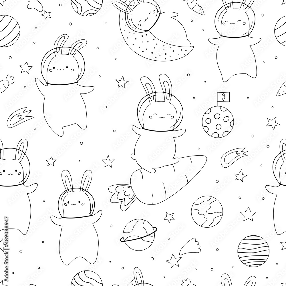 Childish seamless pattern with space rabbits, planets, stars, comets ...