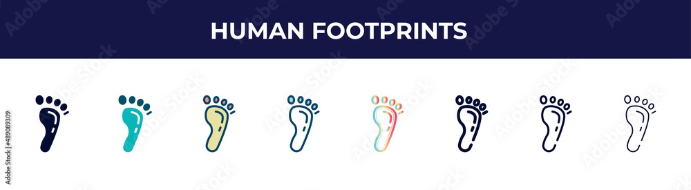 human footprints icon in 8 styles. line, filled, glyph, thin outline, colorful, stroke and ...