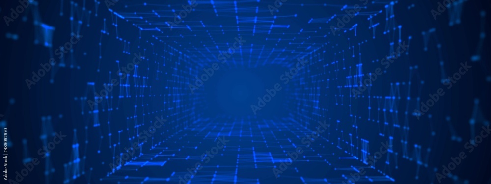 Neon background frame. Mosaic tunnel design, path grid. Digital network ...