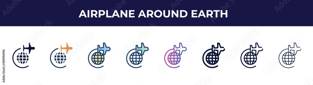 airplane around earth icon in 8 styles. line, filled, glyph, thin ...