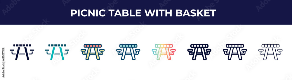 picnic table with basket icon in 8 styles. line, filled, glyph, thin ...