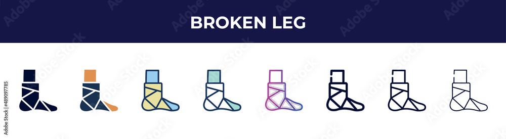 broken leg icon in 8 styles. line, filled, glyph, thin outline ...