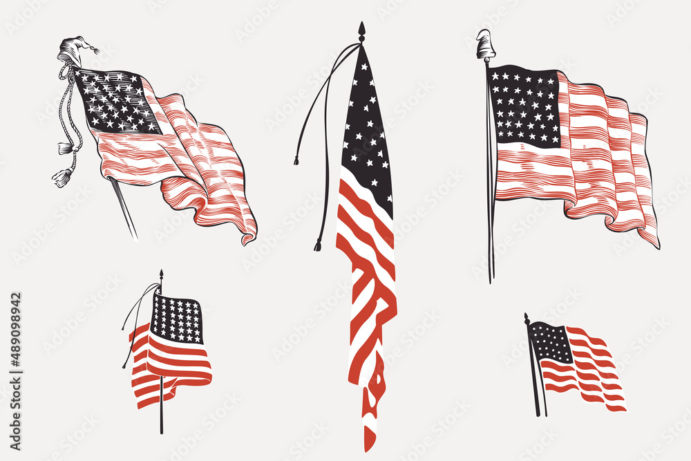Vector clipart with American flags. Illustration of US history and 4th ...