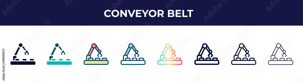 conveyor belt icon in 8 styles. line, filled, glyph, thin outline ...