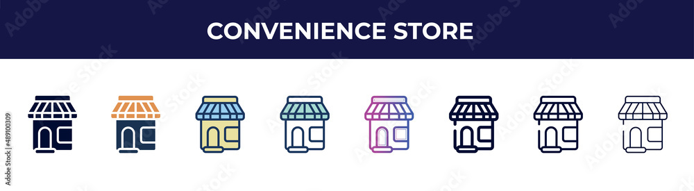 convenience store icon in 8 styles. line, filled, glyph, thin outline ...