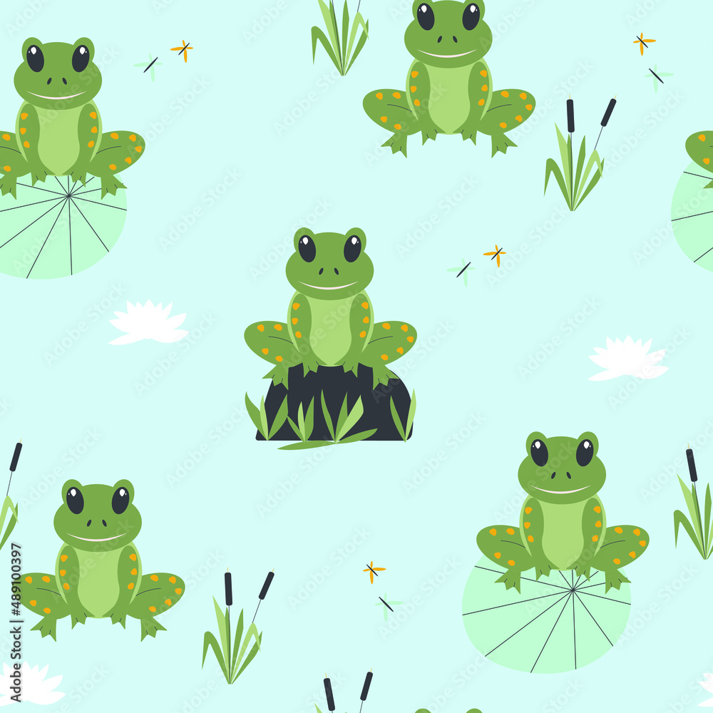 Cute frog seamless pattern. Cartoon frog on a rock. Children funny ...