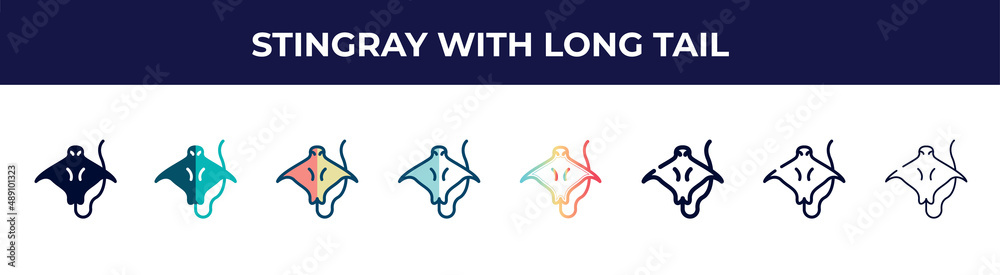 stingray with long tail icon in 8 styles. line, filled, glyph, thin ...