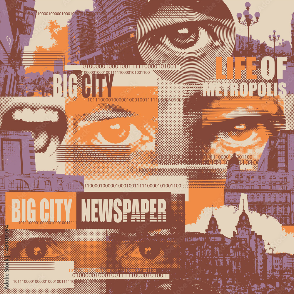 Abstract seamless pattern with newspaper headlines, human eyes ...