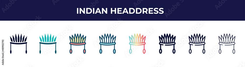 indian headdress icon in 8 styles. line, filled, glyph, thin outline ...