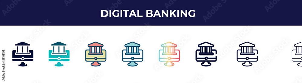 digital banking icon in 8 styles. line, filled, glyph, thin outline ...