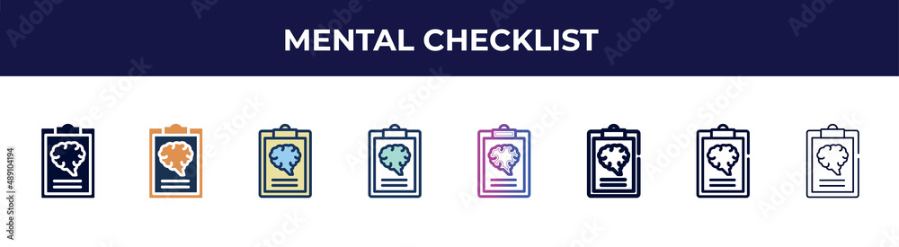 mental checklist icon in 8 styles. line, filled, glyph, thin outline ...