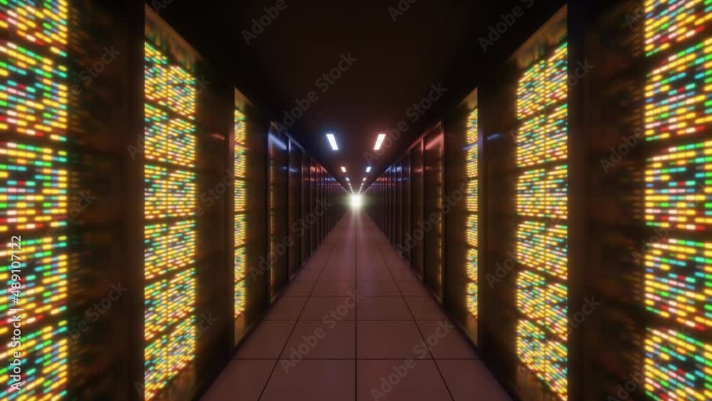Data Center 3d looping background. Cloud computing futuristic digital information servers with ...