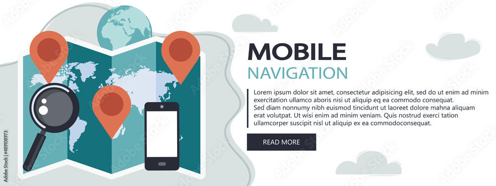 Mobile navigation website banner. Location and GPS vector concept ...