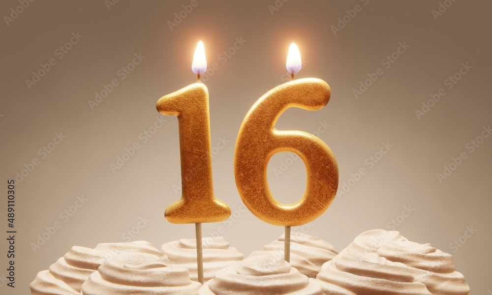 16th birthday or anniversary celebration. Lit golden number candles on ...