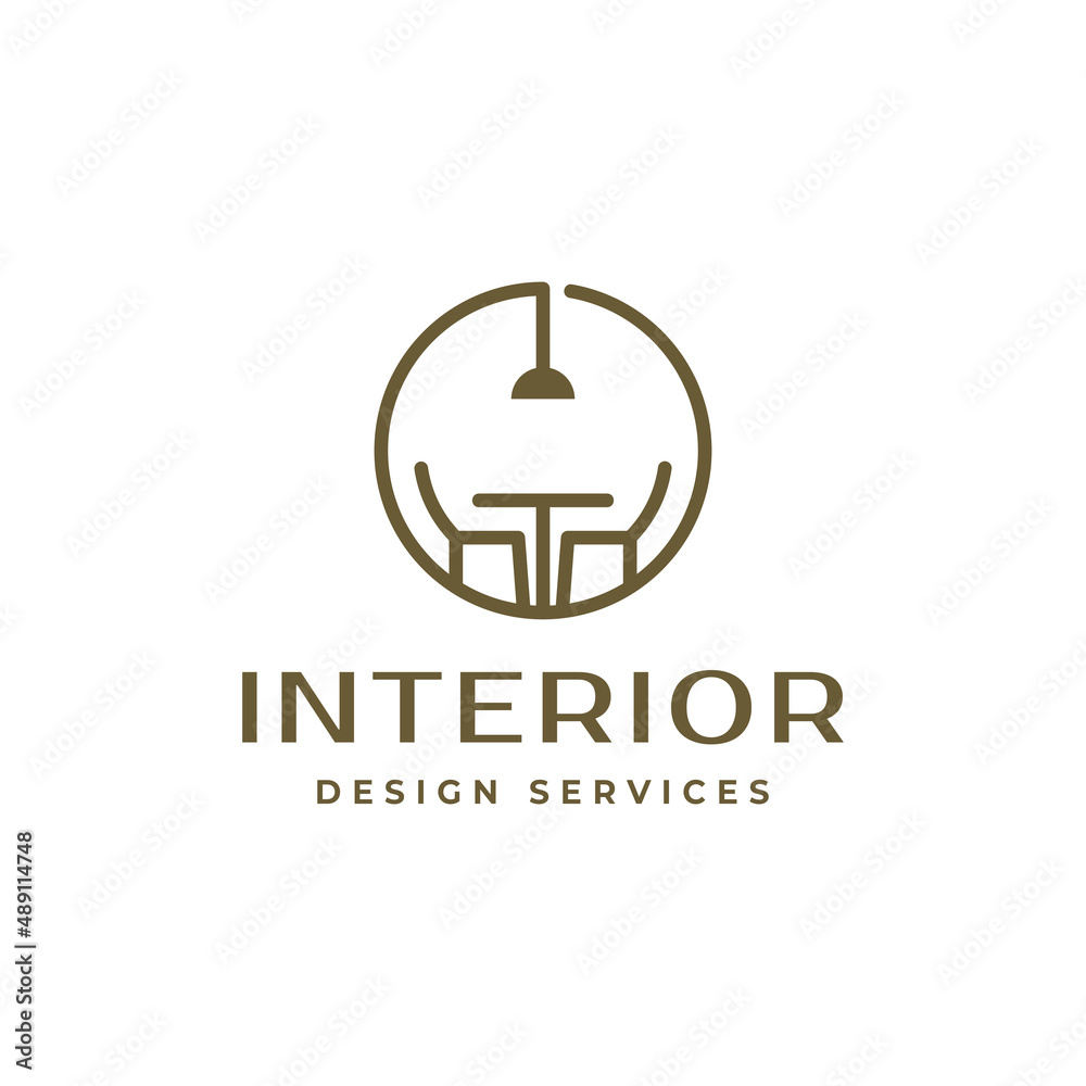 Minimalist interior design service logo vector with chair table lamp ...