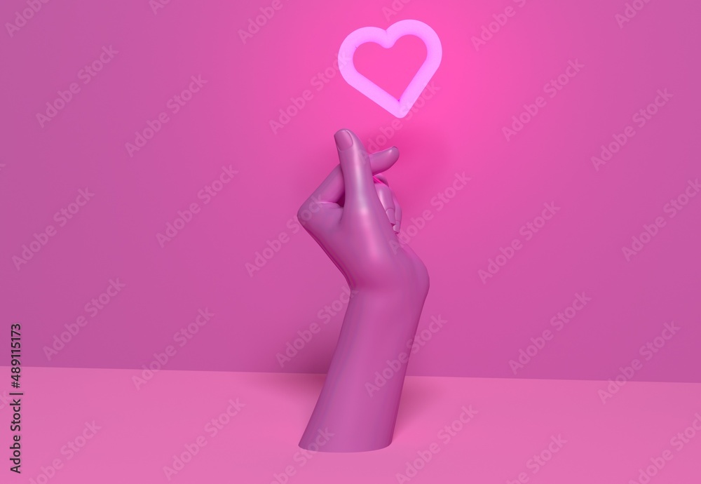 3D illustration of a hand showing Korean Finger Heart or Saranghae ...