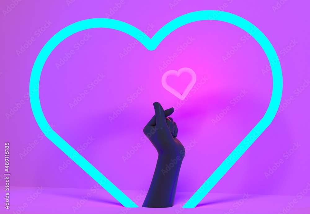 3D illustration of a hand showing Korean Finger Heart or Saranghae ...