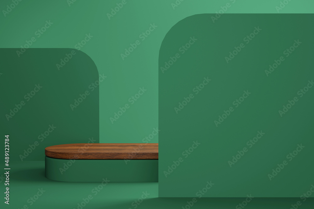 Abstract minimal scene with wooden podium and backdrop in studio ...