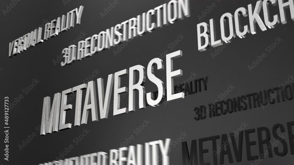3D chrome text word cloud flying motion of Meta verse concept animation ...