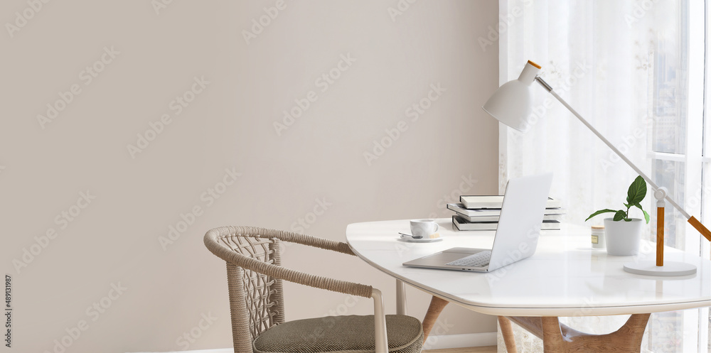 3D interior render of beautiful workspace at home. Modern design desk ...