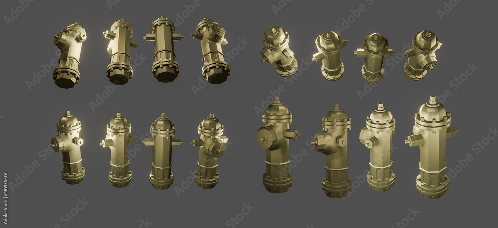 3d Set of fire hydrant rendred from different angles for animation ...