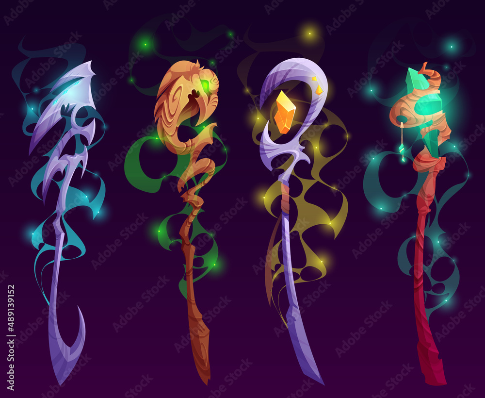 Fototapeta Set of magic staff, wands or walk sticks with glow gems ...
