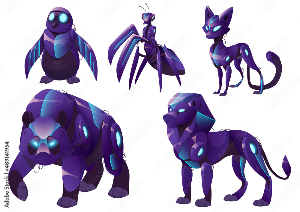 Mechanical animals, panda, lion, penguin, mantis and cat robots. Vector ...