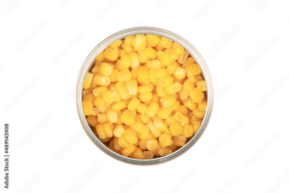 Canned sweet corn in metal can isolated on white background. Pickled ...