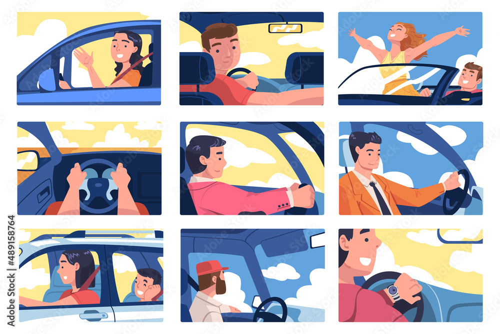 People Character Driving Car Sitting on Driver Seat Inside Vehicle ...