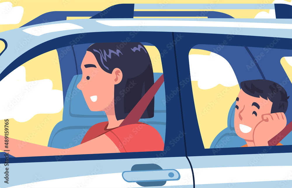 Woman Character Driving Car Sitting on Driver Seat with Passenger ...