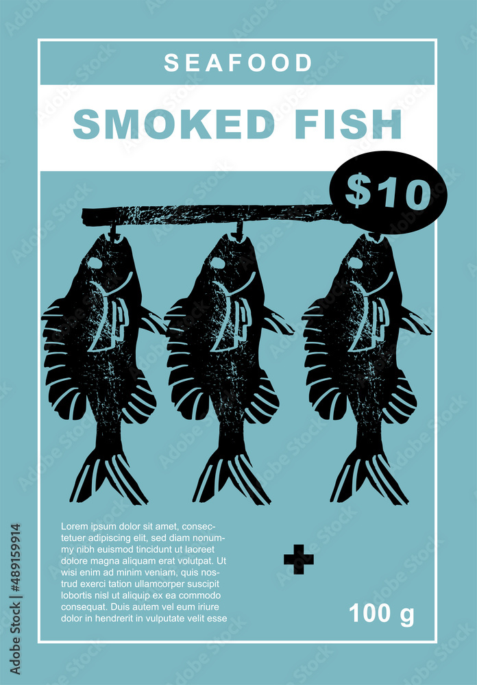 Smoked fish. Set of posters of fishes and seafood in a abstract draw ...