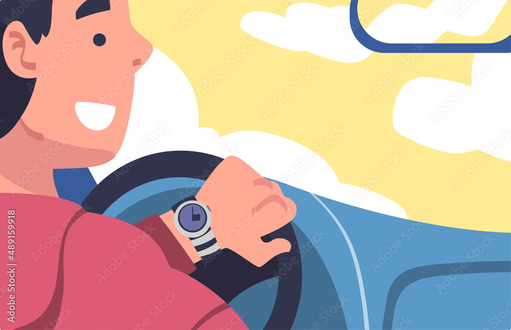 Man Character Driving Car Sitting on Driver Seat Inside Vehicle Vector ...