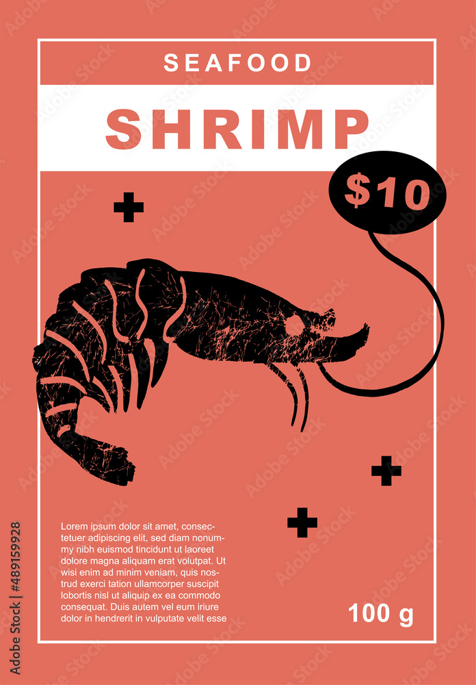 Shrimp. Set of posters of fishes and seafood in a abstract draw design ...
