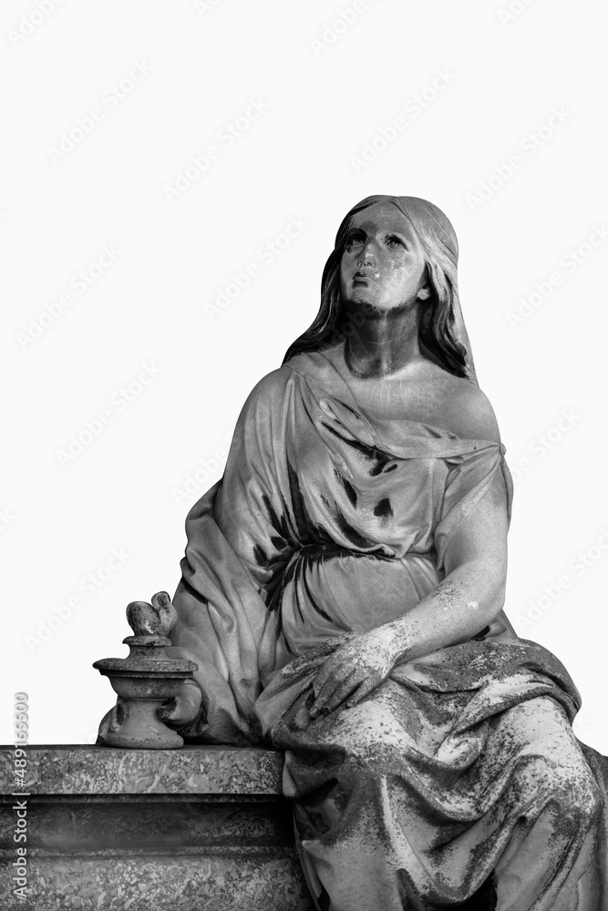Ancient marble statue of sad and desperate woman on tomb as a symbol of ...