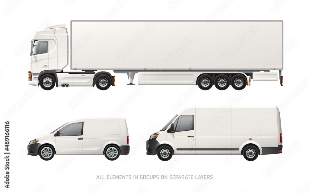 Realistic vector Van, Truck trailer, Delivery Car mockup set on white ...