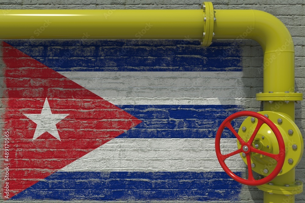 Flag of Cuba and industrial pipe with valve. 3d rendering Stock ...