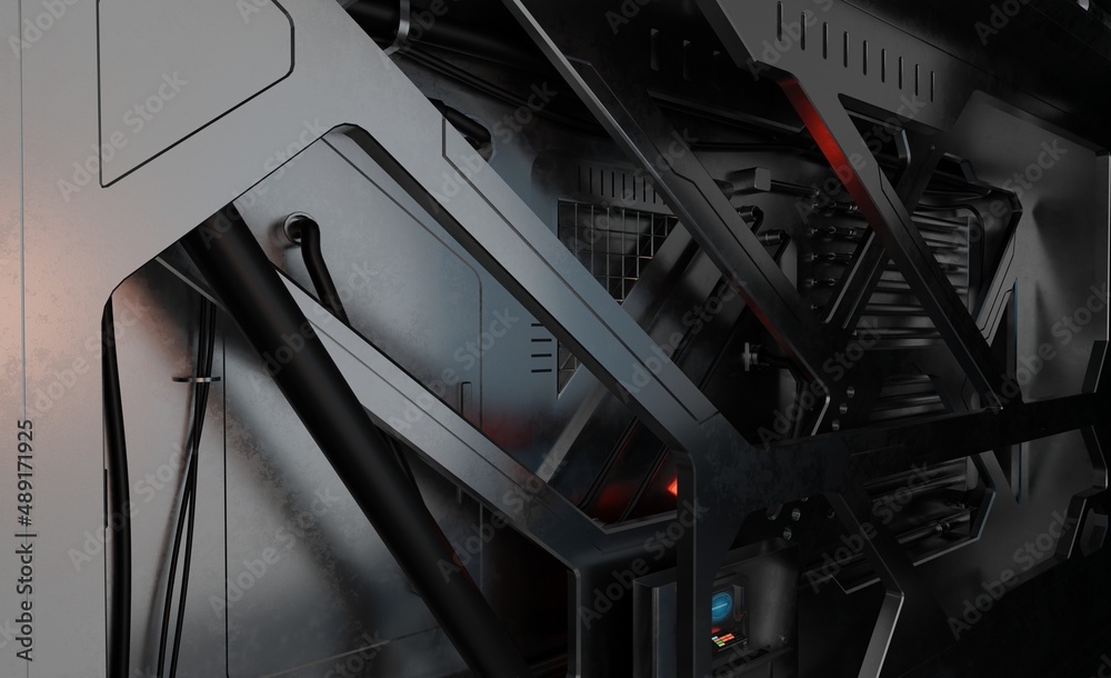 Control room metal texture panel in dark scene 3D rendering sci-fi ...