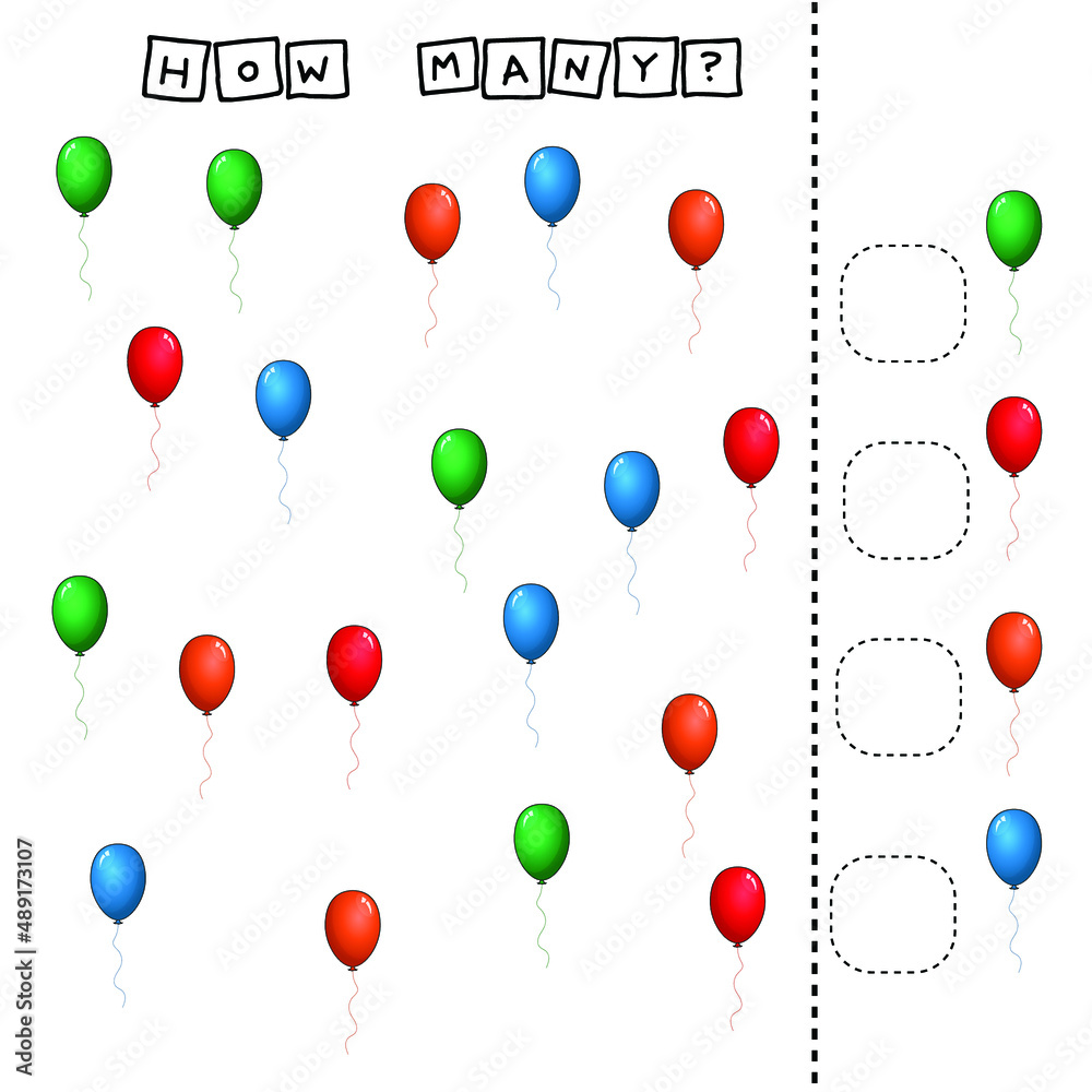 How many counting game with colorful balloons. Worksheet for preschool ...