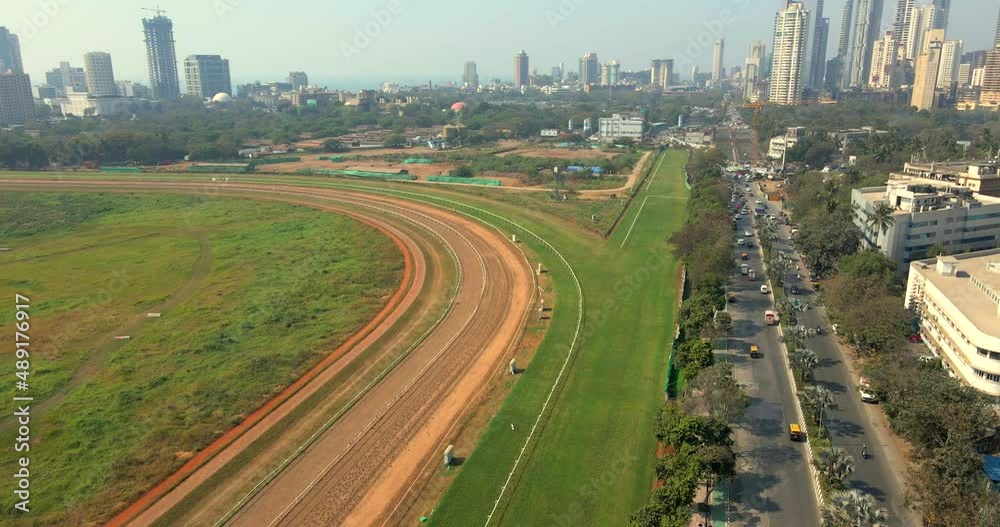 mahalaxmi race course drone shot sun set birds eye mumbai india drone ...